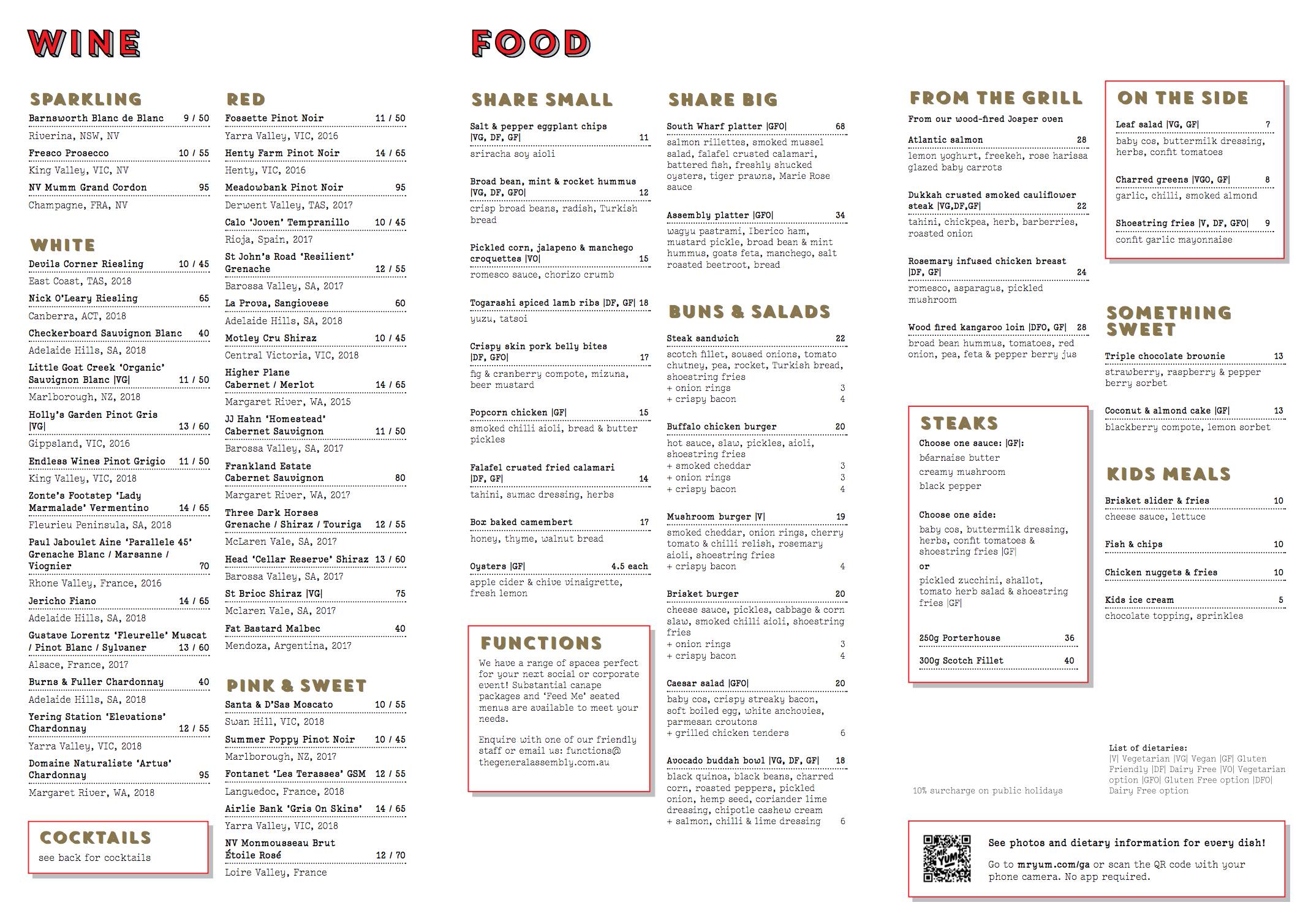 Menu at The General Assembly pub & bar, South Wharf