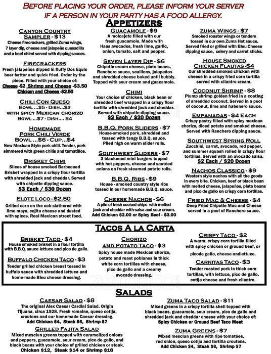 Zuma Tex-Mex Grill Menu, Menu for Zuma Tex-Mex Grill, Faneuil Hall ...