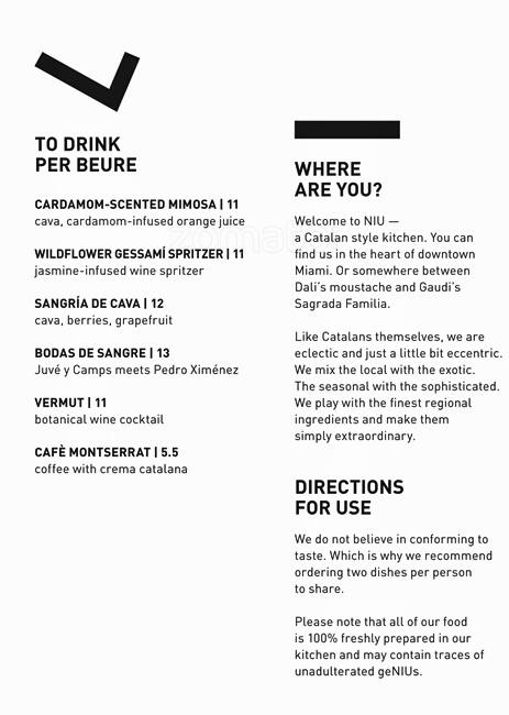 Menu at Niu Kitchen restaurant, Miami