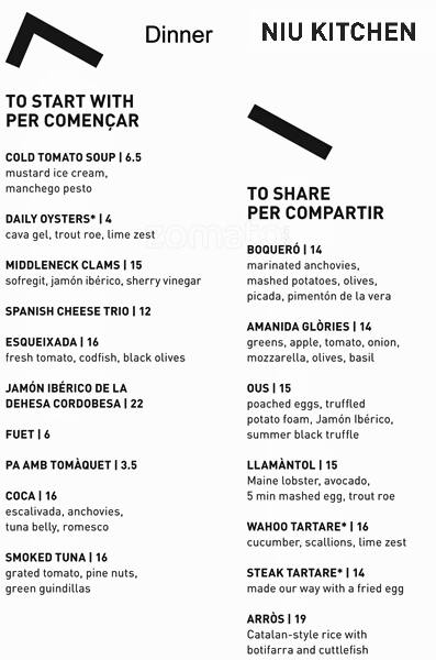 Menu at Niu Kitchen restaurant, Miami