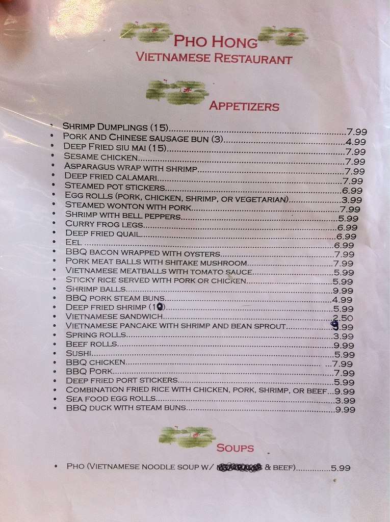 Menu at Pho Hong Vietnamese Restaurant, Klamath Falls, Washburn Way