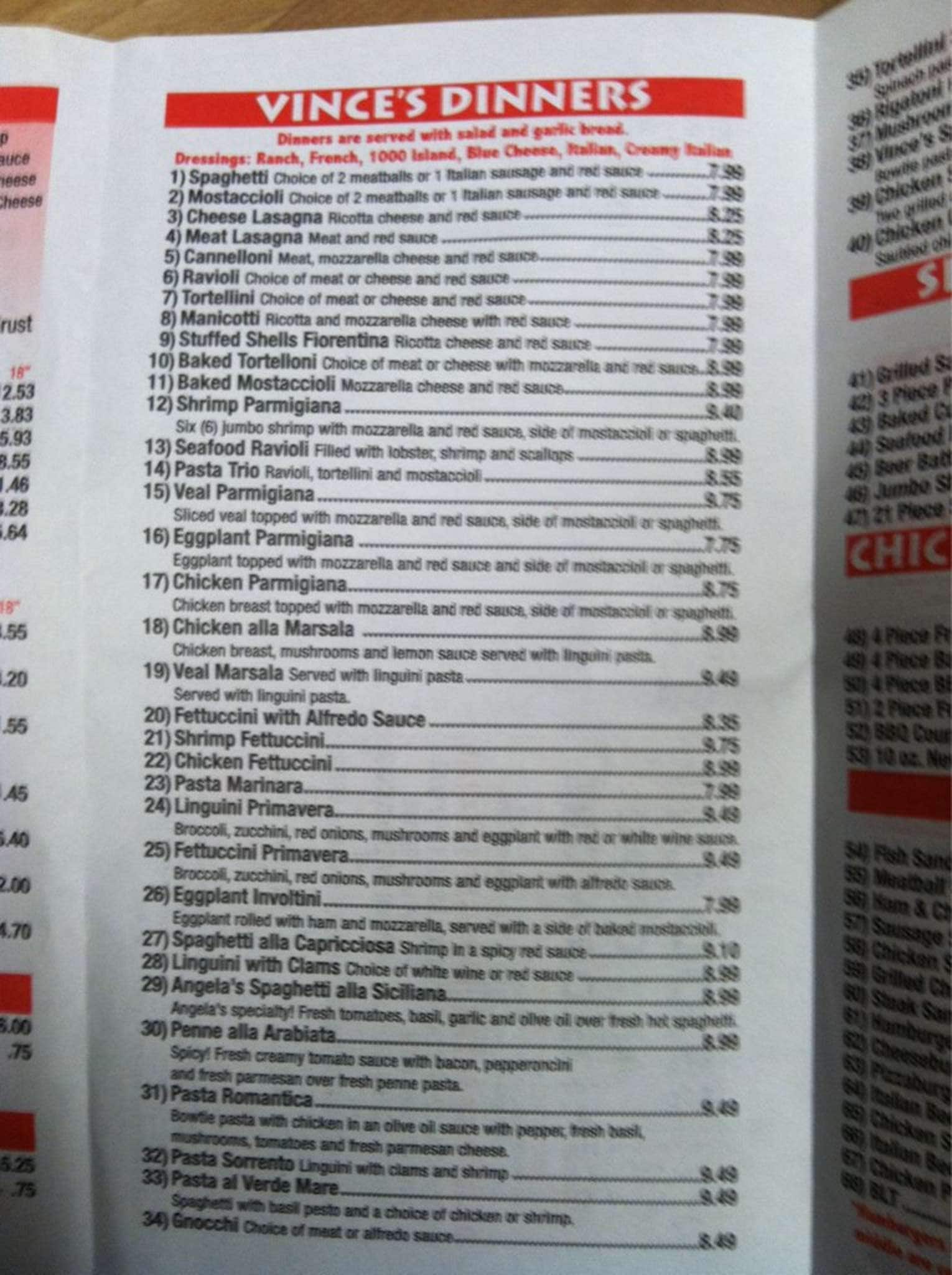 Menu at Vince's Pizza pizzeria, Beloit