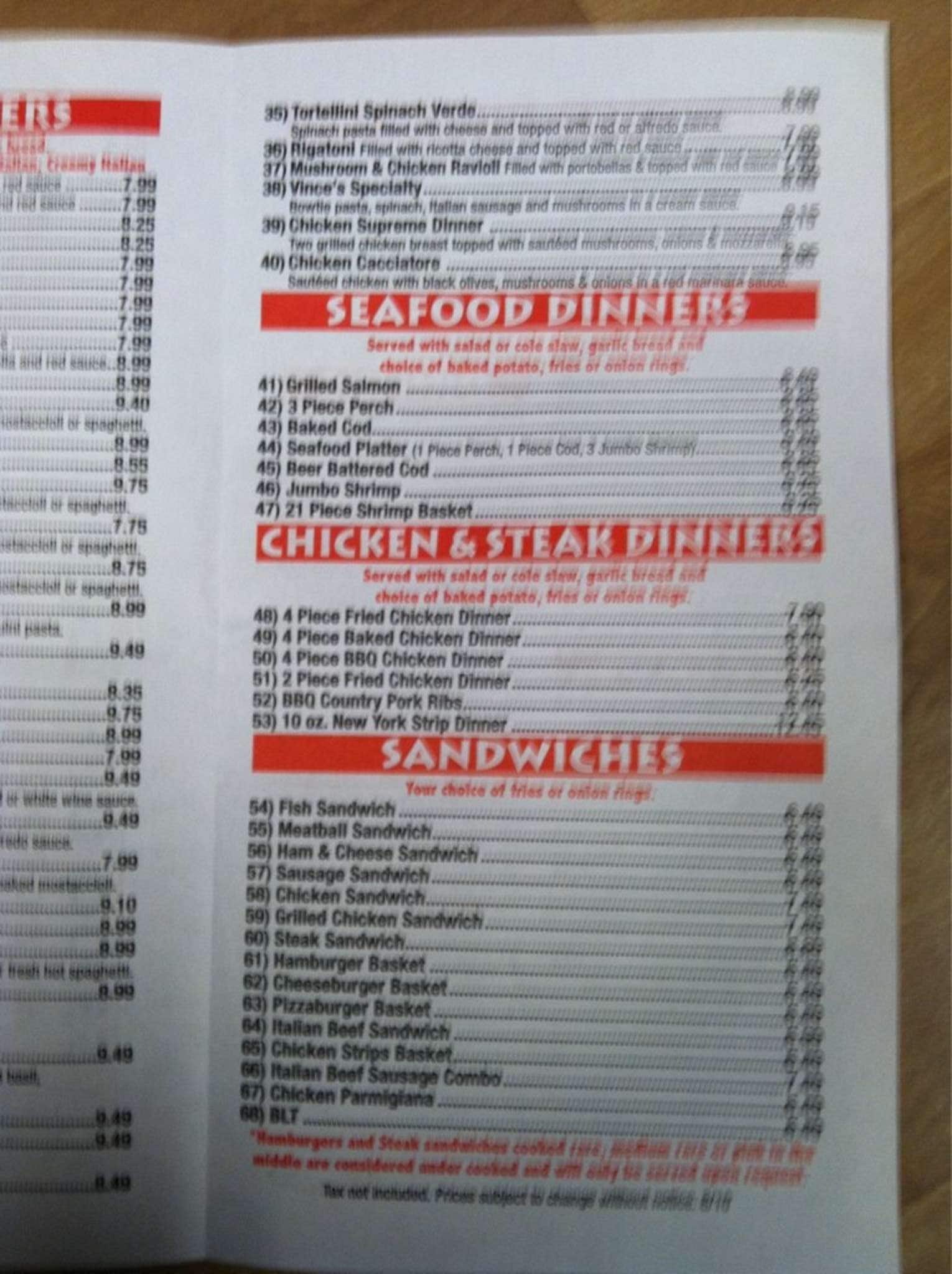 Menu at Vince's Pizza pizzeria, Beloit