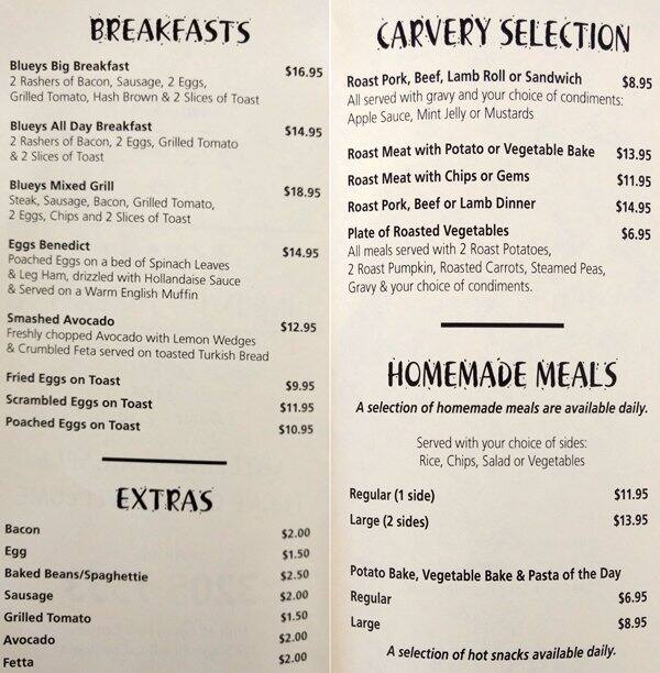 Menu at Bluey's Cafe & Carvery, Brendale