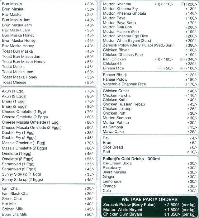 Cafe Irani Chaii Menu, Menu v reštaurácii Cafe Irani Chaii, Mahim ...