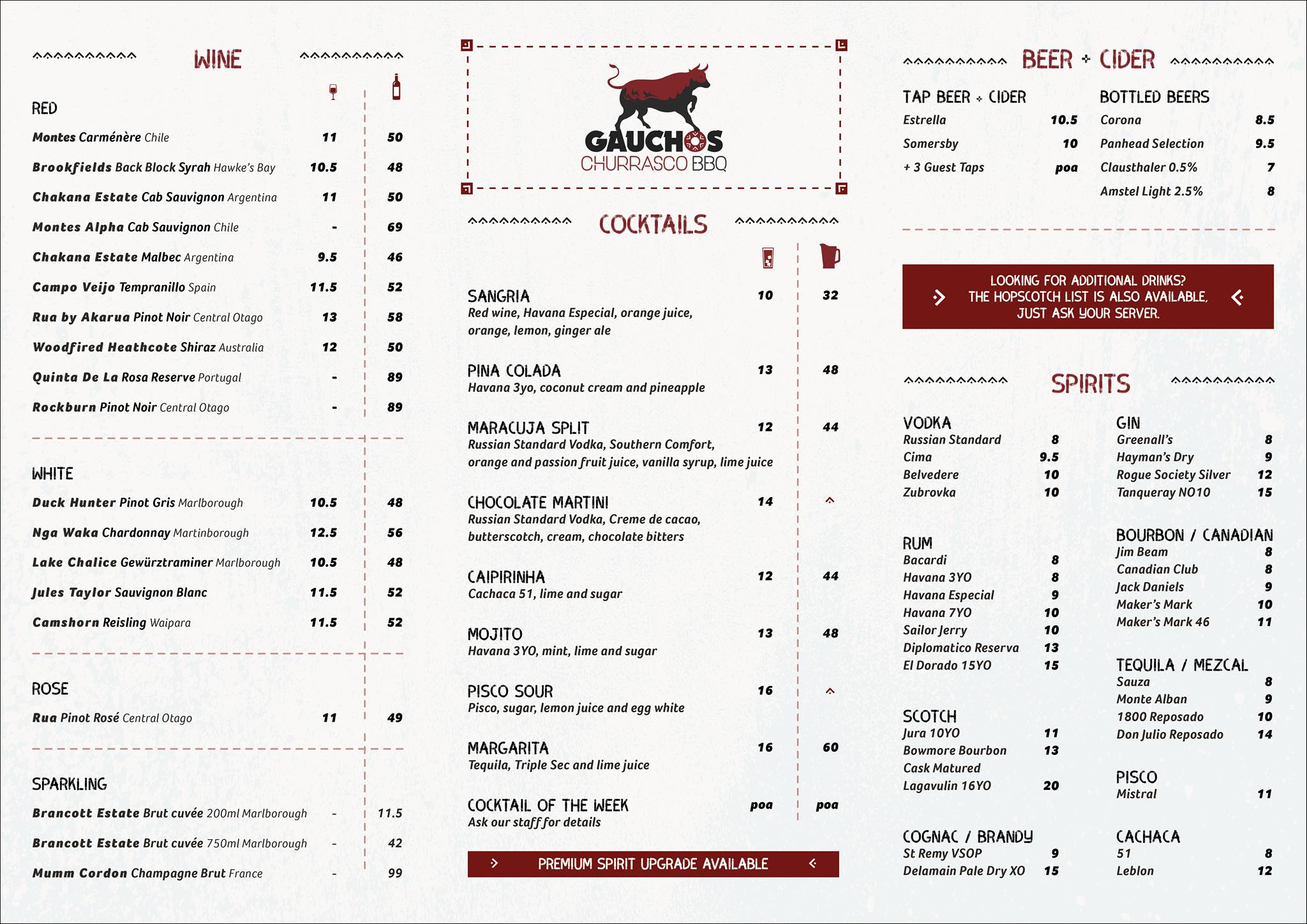 Menu at Gauchos Churrasco BBQ, Lower Hutt