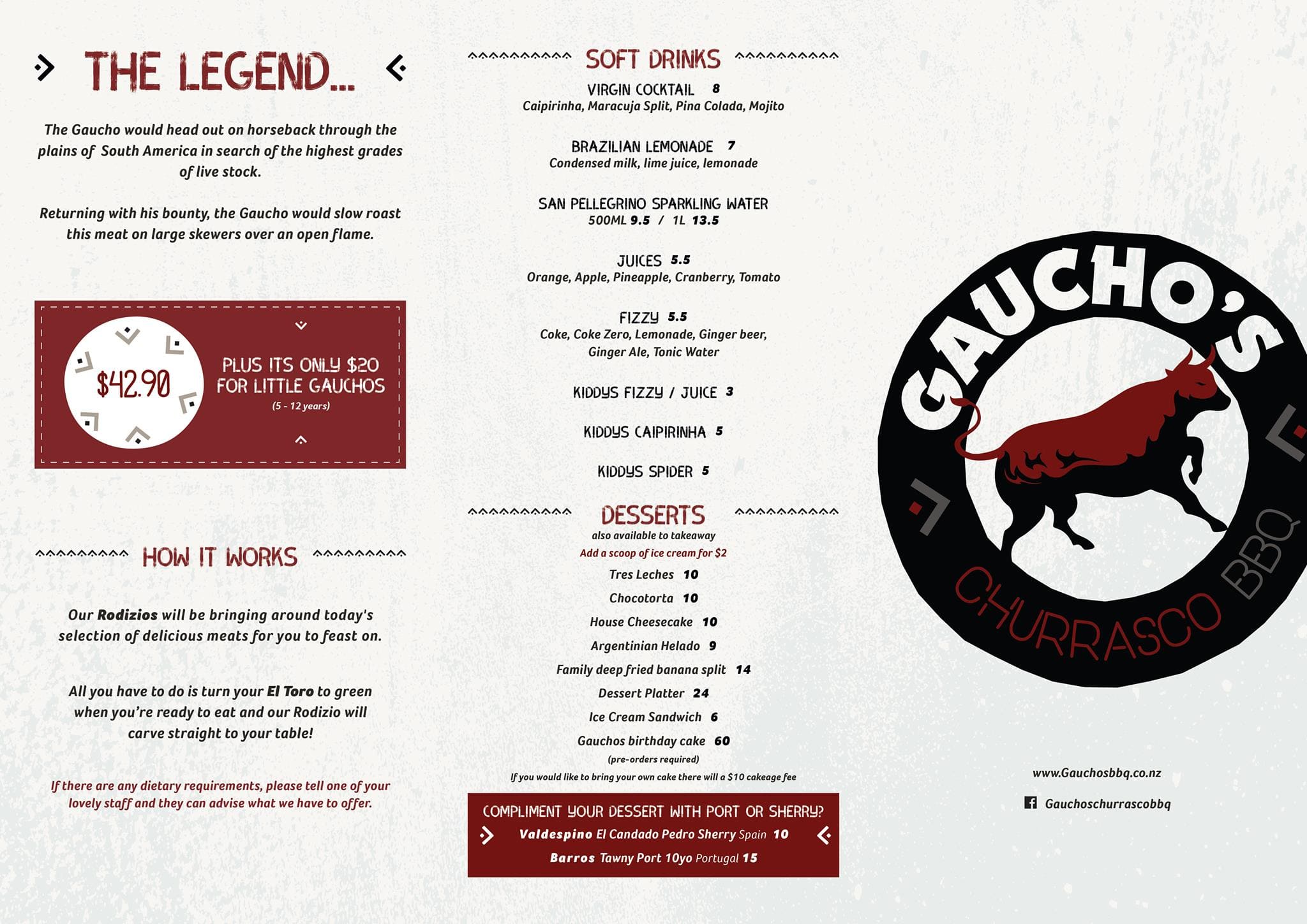 Menu at Gauchos Churrasco BBQ, Lower Hutt