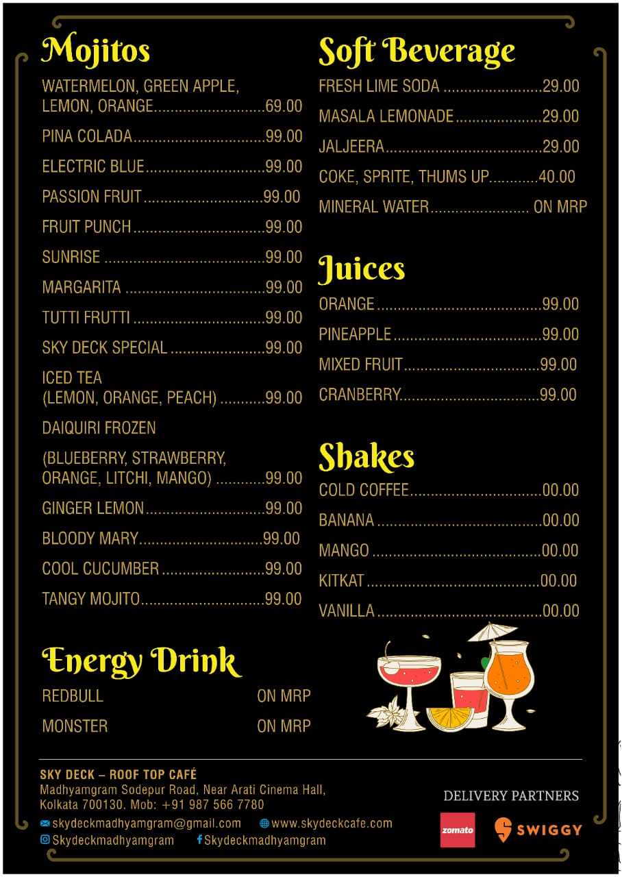 Menu at Sky Deck, Kolkata