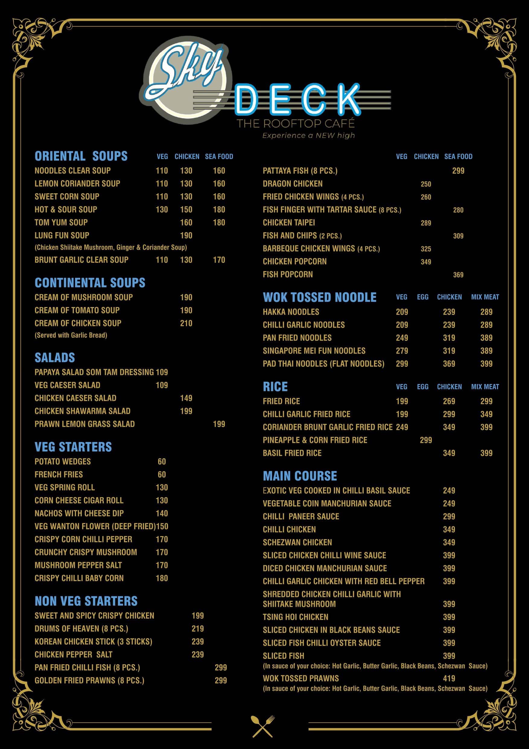 Menu at Sky Deck, Kolkata