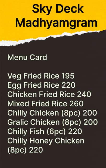 Menu at Sky Deck, Kolkata