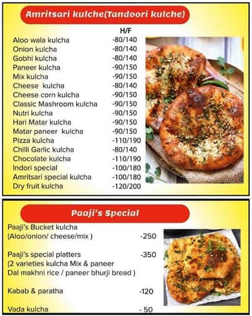 Menu of Paaji De Kulche, Vijay Nagar, Indore