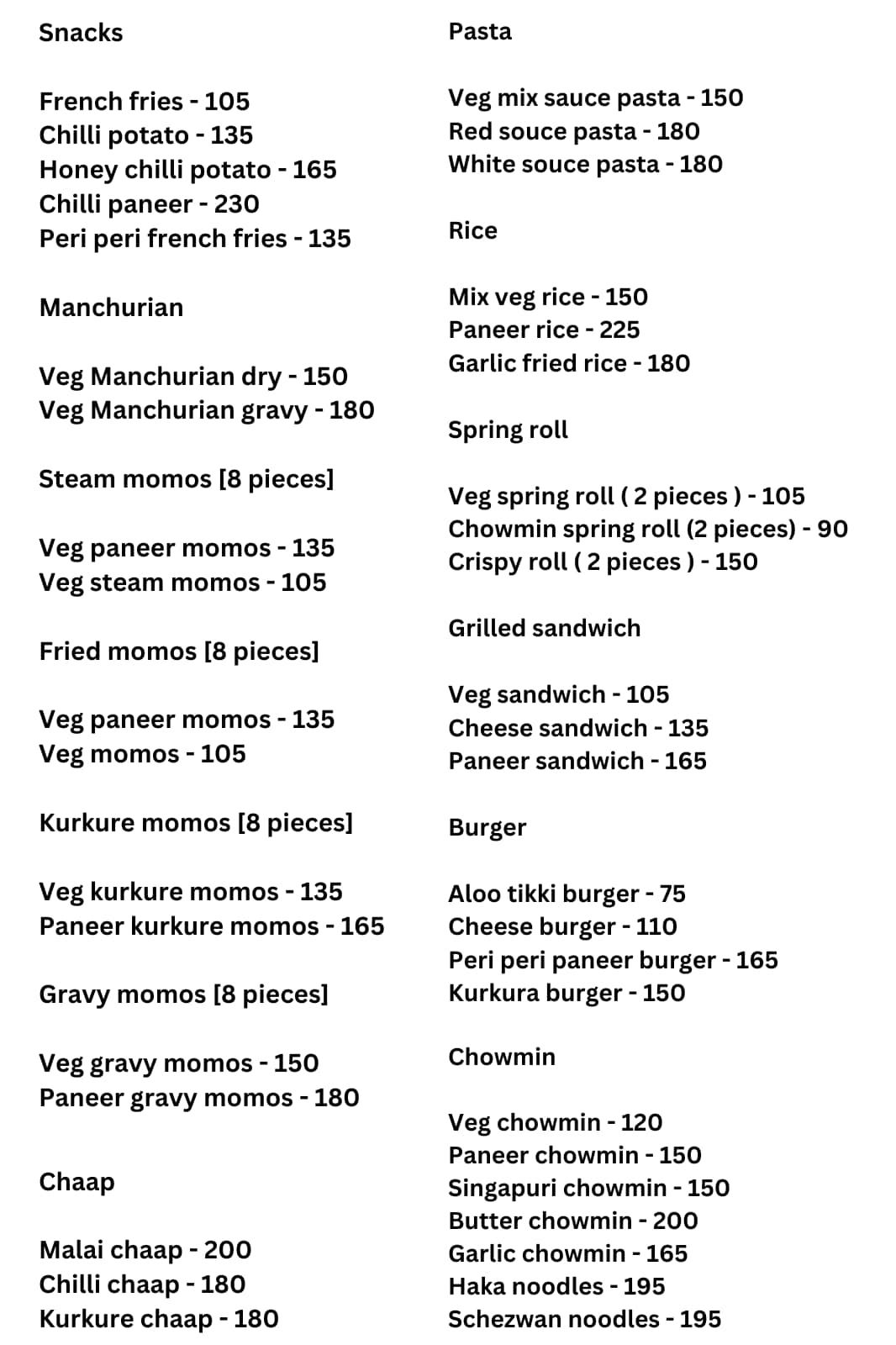 Menu of Snapchat Fast Food, Nangloi, New Delhi
