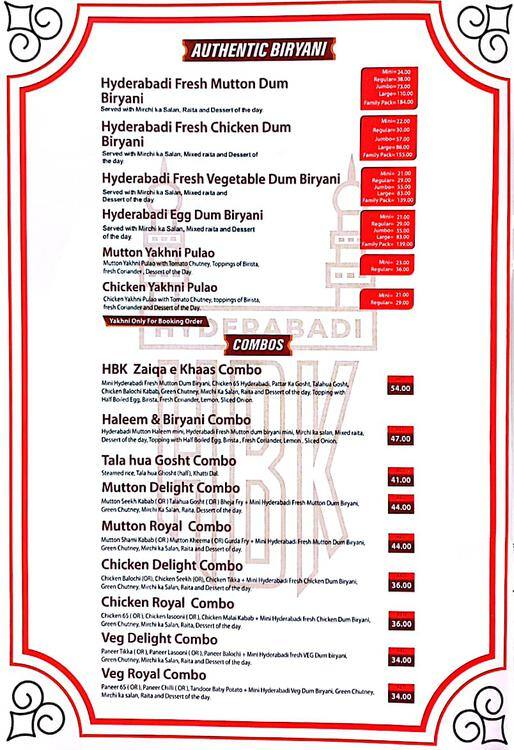 Menu of Hyderabadi Biryani and Kababs, Al Karama, Dubai