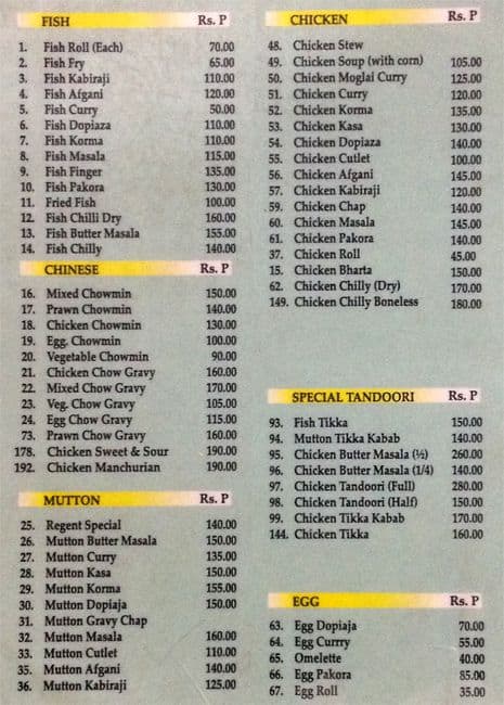 Regent Restaurant Menu, Menu for Regent Restaurant, New Market Area ...