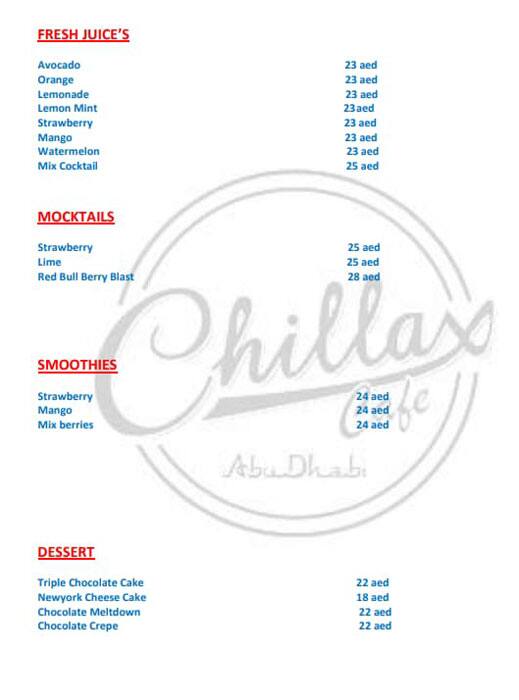 Menu at Chillax Cafe, Abu Dhabi, Mezzanine Floor