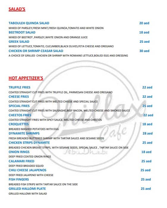 Menu at Chillax Cafe, Abu Dhabi, Mezzanine Floor