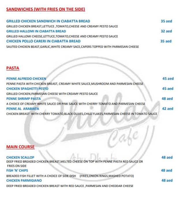 Menu at Chillax Cafe, Abu Dhabi, Mezzanine Floor