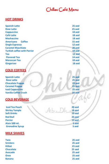 Menu at Chillax Cafe, Abu Dhabi, Mezzanine Floor