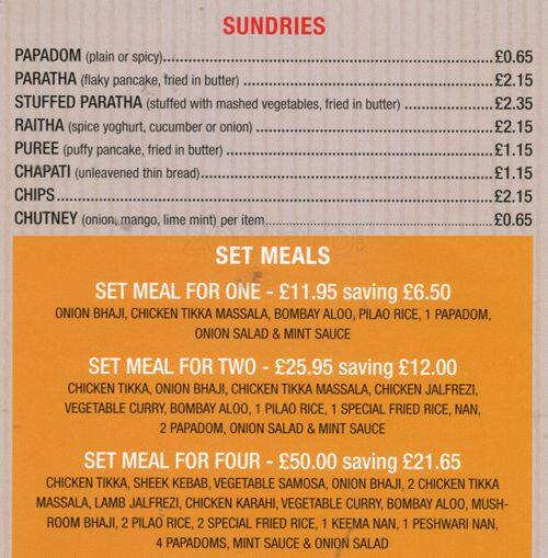 Menu at Bengal Brasserie restaurant, Teddington, 162 Stanley Rd