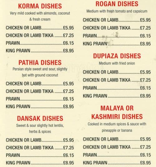 Menu at Bengal Brasserie restaurant, Teddington, 162 Stanley Rd