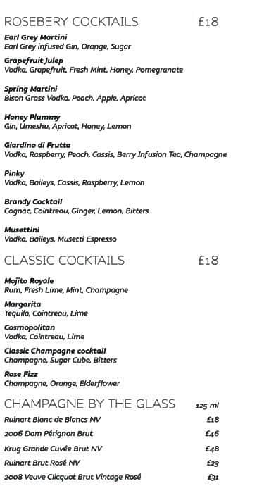 Menu at The Rosebery pub & bar, London, 66 Knightsbridge