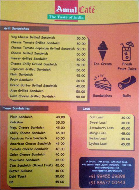 Menu at Amul, Bengaluru, 251/9