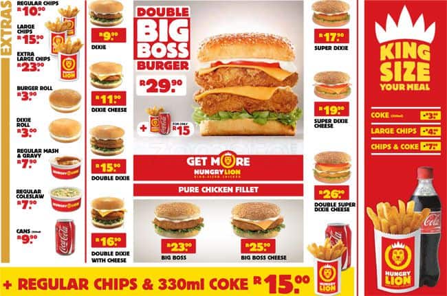 Menu at Hungry Lion, Cape Town, Corner Adderley Street and Castle Street