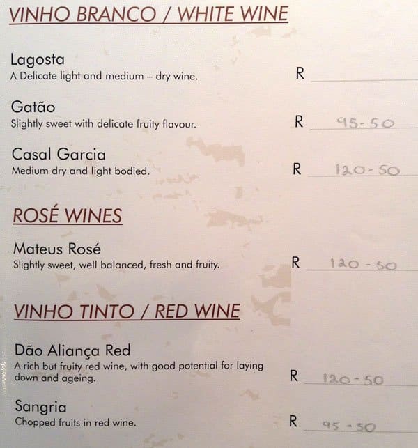 Menu at Manelito Restaurant, Boksburg