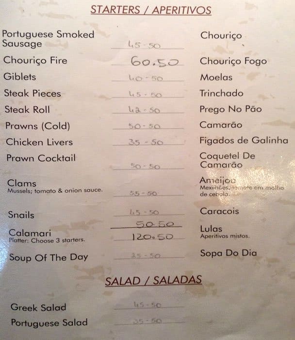 Menu at Manelito Restaurant, Boksburg