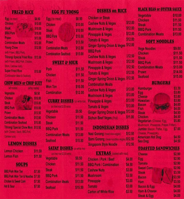 Menu at Titirangi Takeaways fast food, Auckland, 402 Titirangi Rd