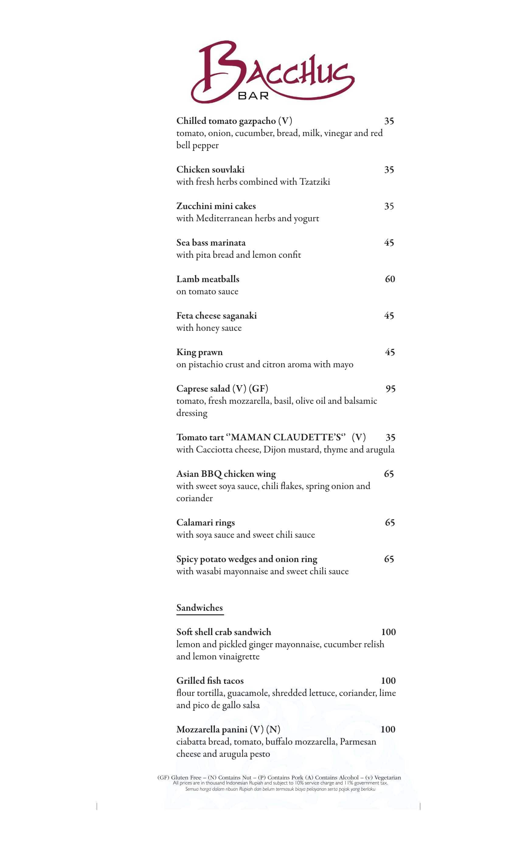 Menu at Bacchus Bar, Jakarta