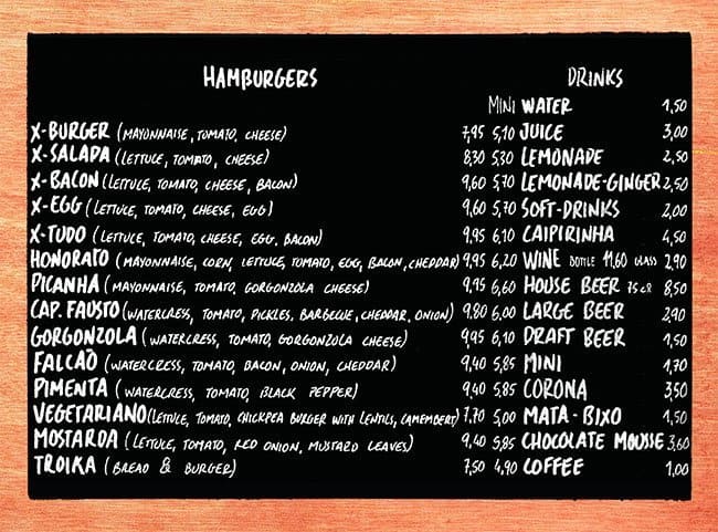 Menu at Honorato Rio fast food, Lisbon, Alameda dos Oceanos