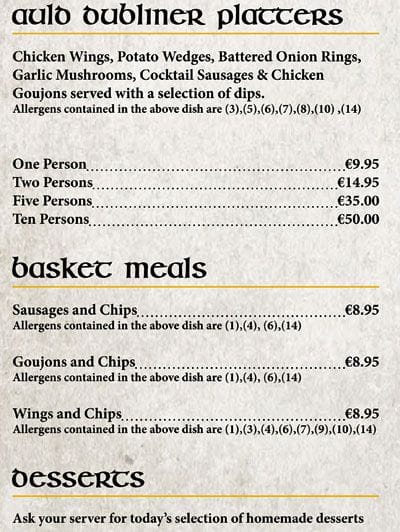 Menu at The Auld Dubliner pub & bar, Dublin