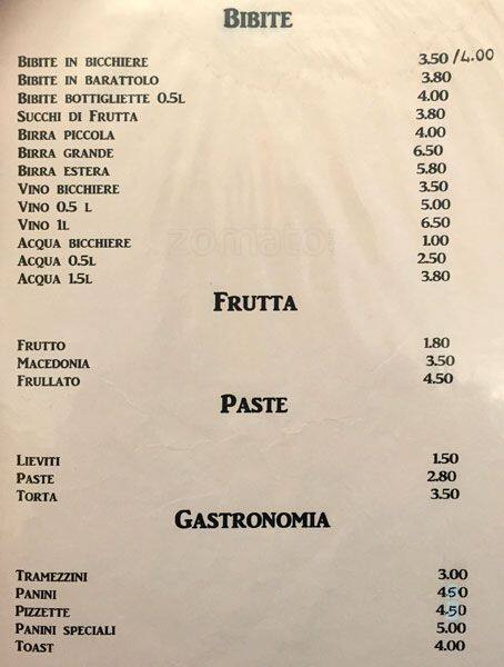 Menu au Caffé Europa pub et bar, Rome, Via Albenga