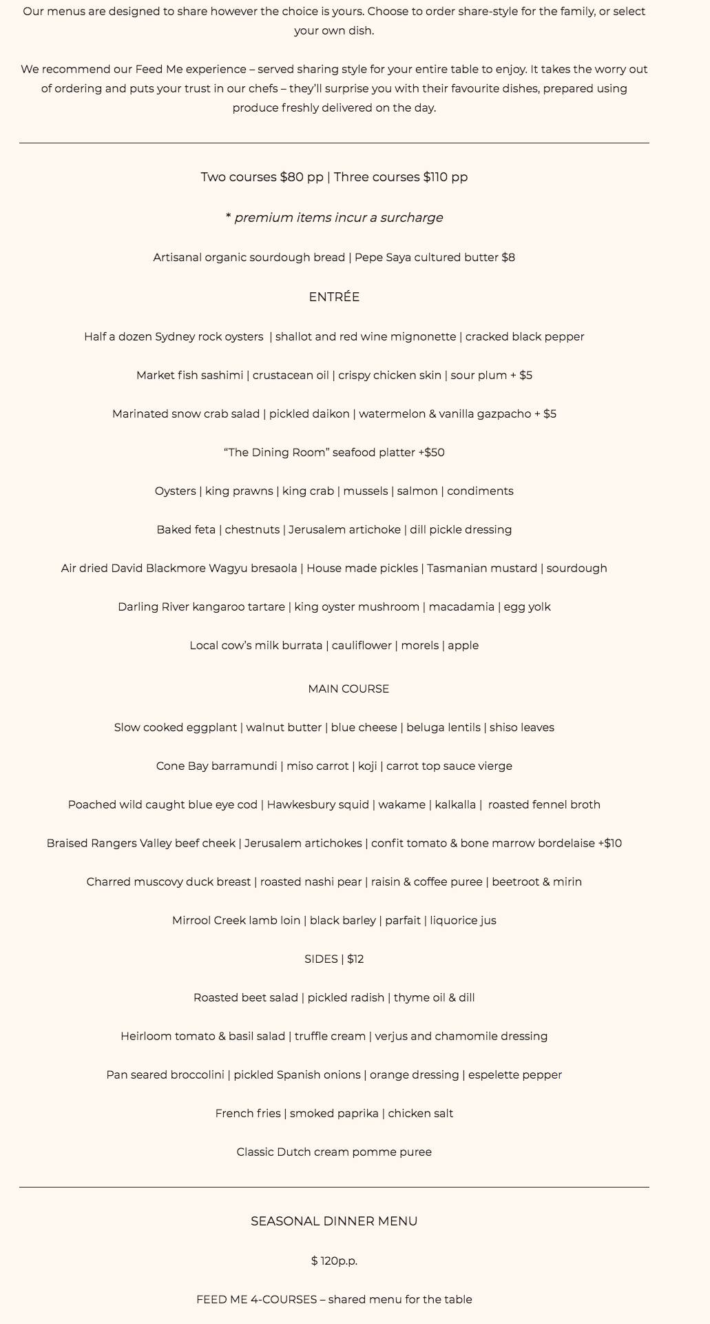 Menu at The Dining Room restaurant, Sydney, Park Hyatt Sydey