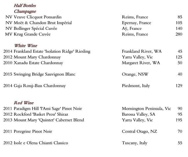 Menu at The Dining Room restaurant, Sydney, Park Hyatt Sydey