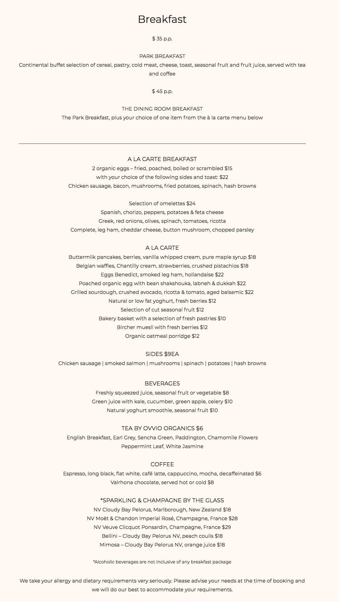 Menu at The Dining Room restaurant, Sydney, Park Hyatt Sydey