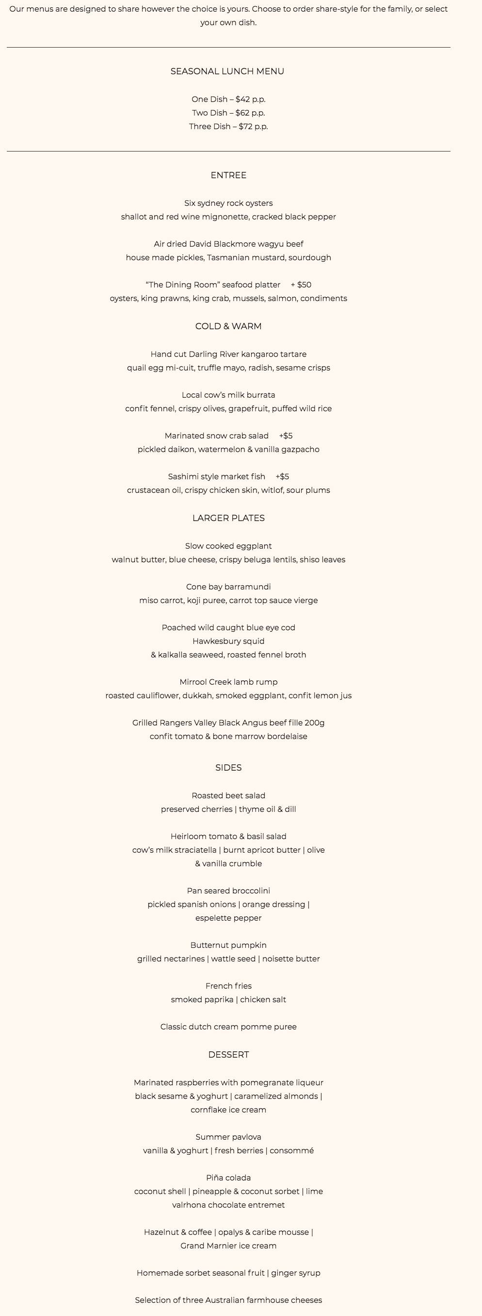 Menu at The Dining Room restaurant, Sydney, Park Hyatt Sydey