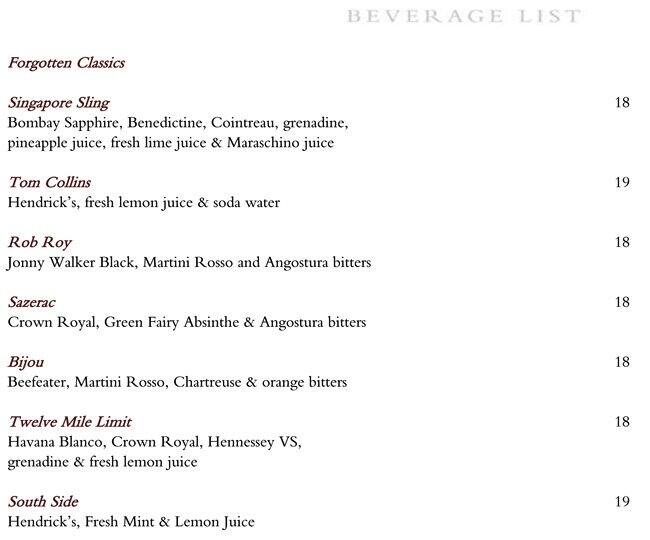 Menu at The Dining Room restaurant, Sydney, Park Hyatt Sydey