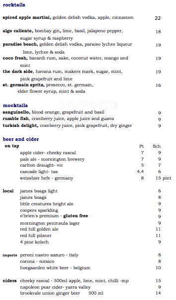 Menu at The Rocks Mornington restaurant, Mornington