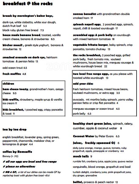 Menu at The Rocks Mornington restaurant, Mornington