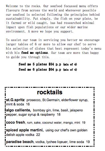 Menu at The Rocks Mornington restaurant, Mornington