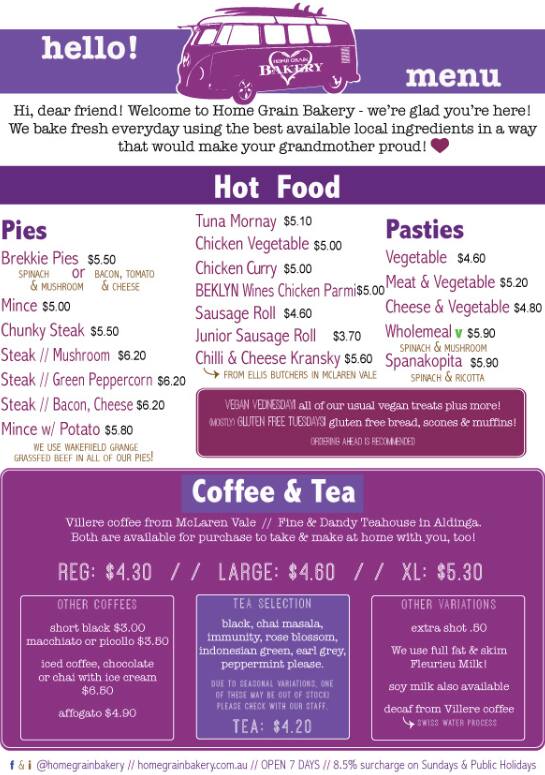 Menu at Home Grain Bakery, Aldinga