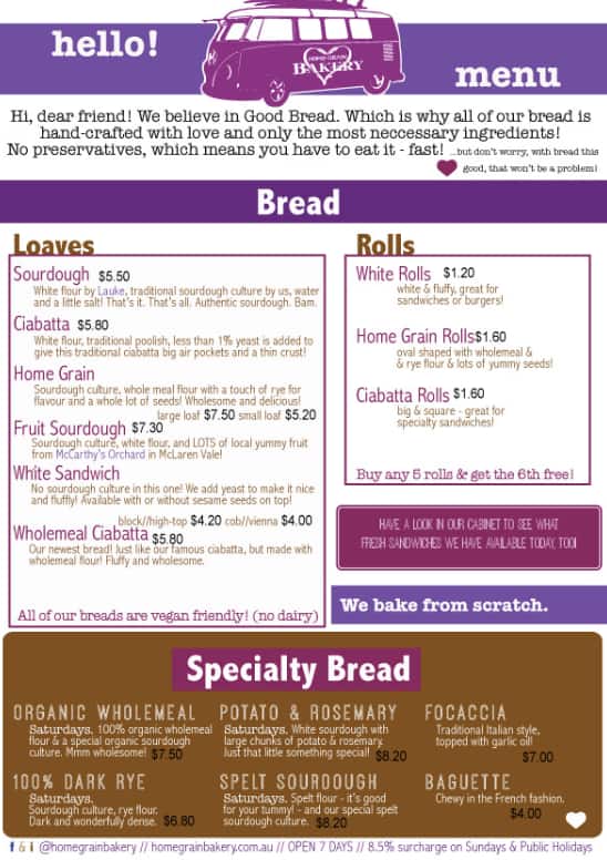 Menu at Home Grain Bakery, Aldinga