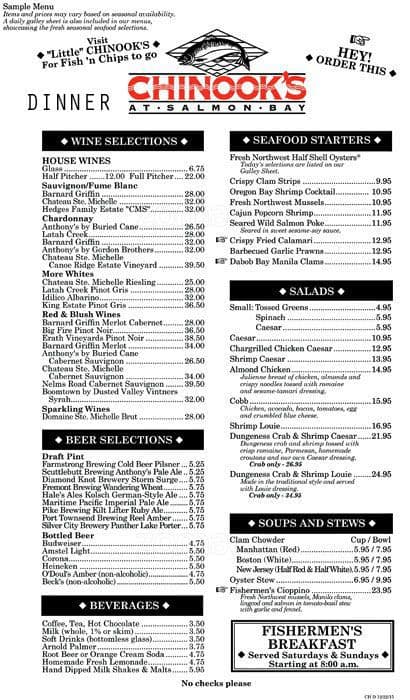 Menu at Little Chinook’s restaurant, Seattle, 18th Ave W