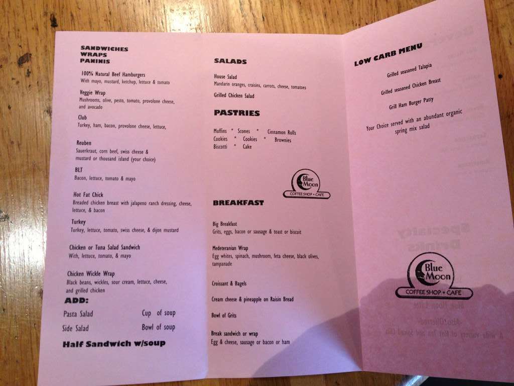 Menu at Blue moon coffee shop cafe, Eufaula