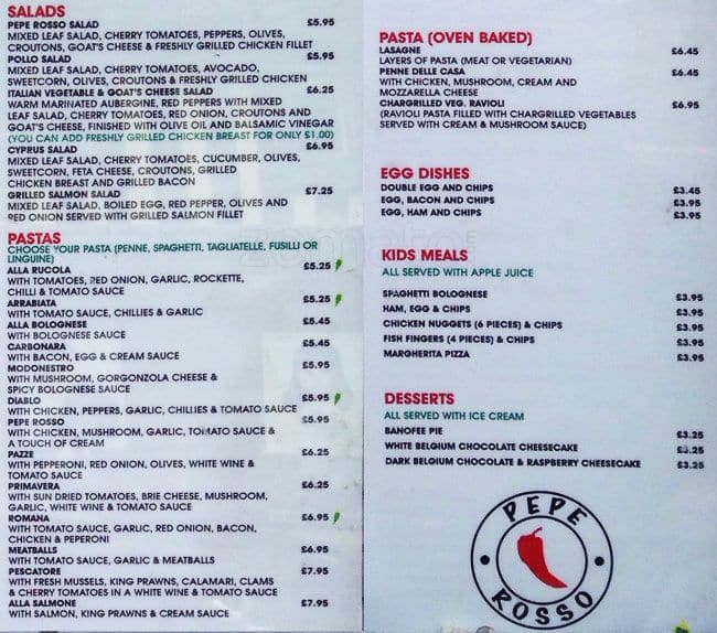 Menu at Pepe Rosso restaurant, Watford