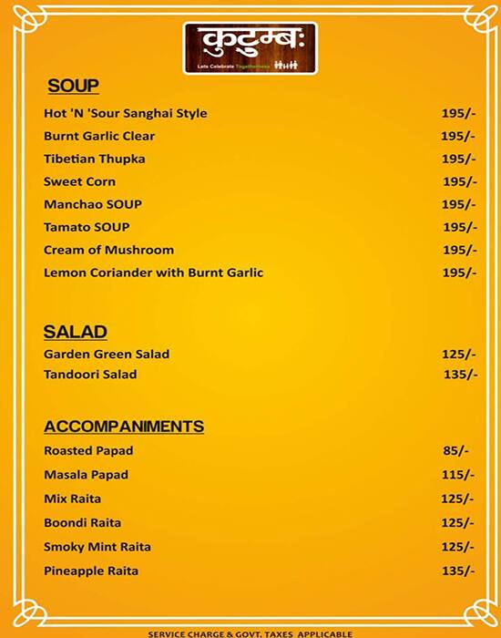 Menu of Kutumb, Rohini, New Delhi