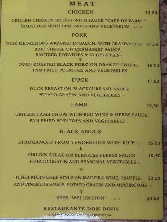 Menu at Dom Dinis restaurant, Albufeira