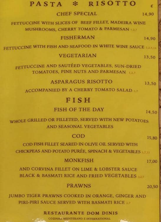 Menu at Dom Dinis restaurant, Albufeira